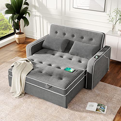 ERYE 3-in-1 Oversized Upholstered Daybed Futon Loveseat W/Pull-Out Sleeper Bed and USB Ports,2-Seaters Sofa & Couch Soft Cushions Love Seat Convertible Full Size Sleep Sofabed for Living Room, Gray