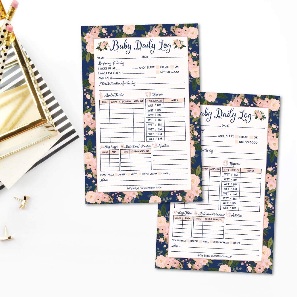 Hadley Designs - Nanny Newborn Baby or Toddler Log Tracker Journal Book, Daily Schedule Feeding Food Sleep Naps Activity Diaper Change Monitor Notes For Babies - 50 Sheet Pad