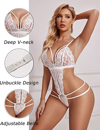 Avidlove Lingerie for Women Deep V Lingerie Teddy One Piece White Small