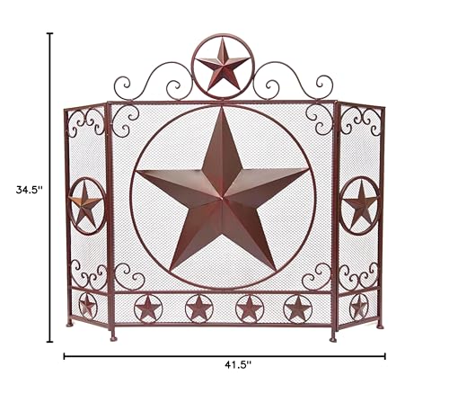 BestGiftEver 3-Panel Fireplace Screen Decorative with Rustic Brown Star Detail - Stand Alone Fireplace Cover Metal Mesh Screen - Home Decor for Cabin, Lodge, and Rustic Country Style Firescreen