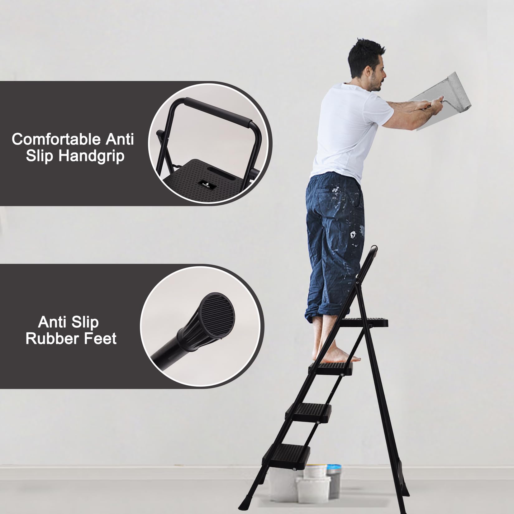 4 Step Ladder 4 Step Folding Step Stool with Wide Anti-Slip Pedal, 800 lbs Heavy Duty Sturdy Step Ladders with Anti-Slip Handle for Kitchen Library Closet, Lightweight, Portable Step Stools Ladder