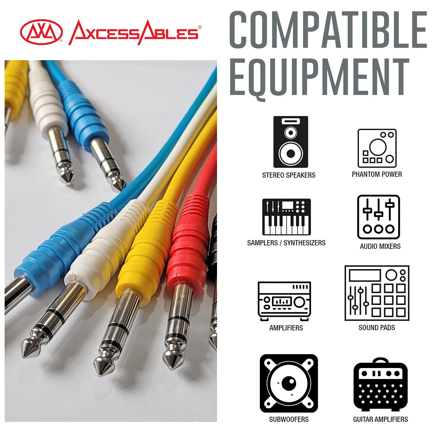 AxcessAbles 3ft 1/4" TRS to 1/4" TRS Multi-Color Balanced Stereo Patch Cables (6-Pack) | Speaker Patch Cables, 3ft 6.35mm Studio Patch Cables | Quarter Inch TRS Cable Pack 3ft (6-Pack)