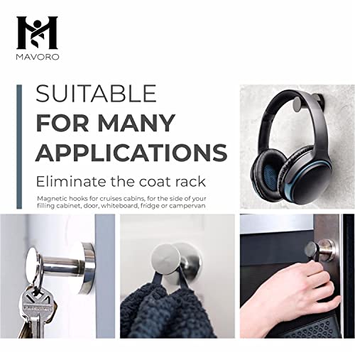 Mavoro Strong Magnetic Hooks for Hanging Coats and Bags. Set of 4 Black Magnet Hooks Heavy Duty Magnets, Neodymium 52 Rare Earth Magnets. Push Pin Style Magnet Hook for Refrigerator, Locker etc