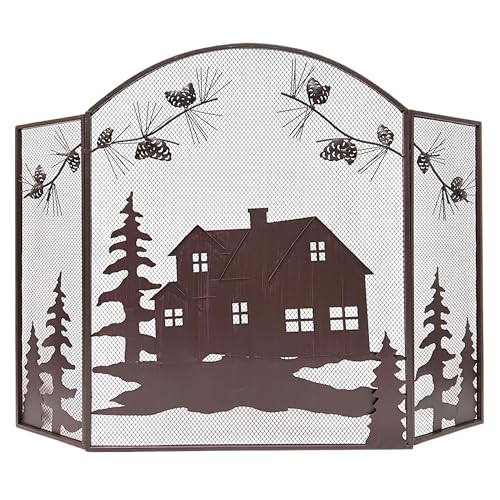 BestGiftEver 3-Panel Fireplace Screen Decorative with House Cabin Lodge Pine Cone Design - Stand Alone Fireplace Cover Metal Mesh Screen - Home Decorative Firescreen forRustic Western Country Style