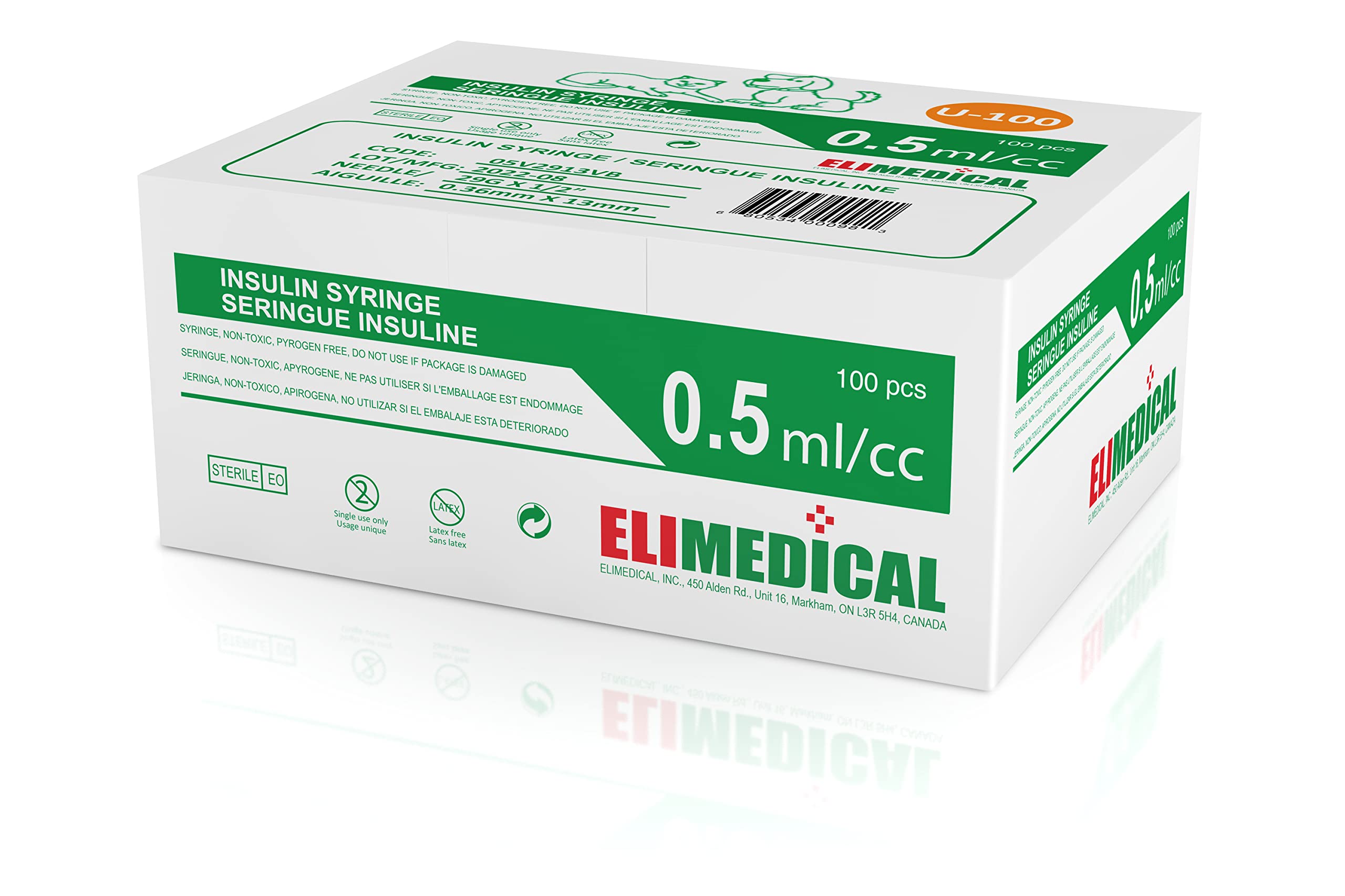 Elimedical Veterinary Insulin Syringe, U-100, 0.5cc (ml), 29g x 1/2 inch (12.7mm), Individually Packed, for Pet Cat or Dog, 100 per Box, 05V2913VB