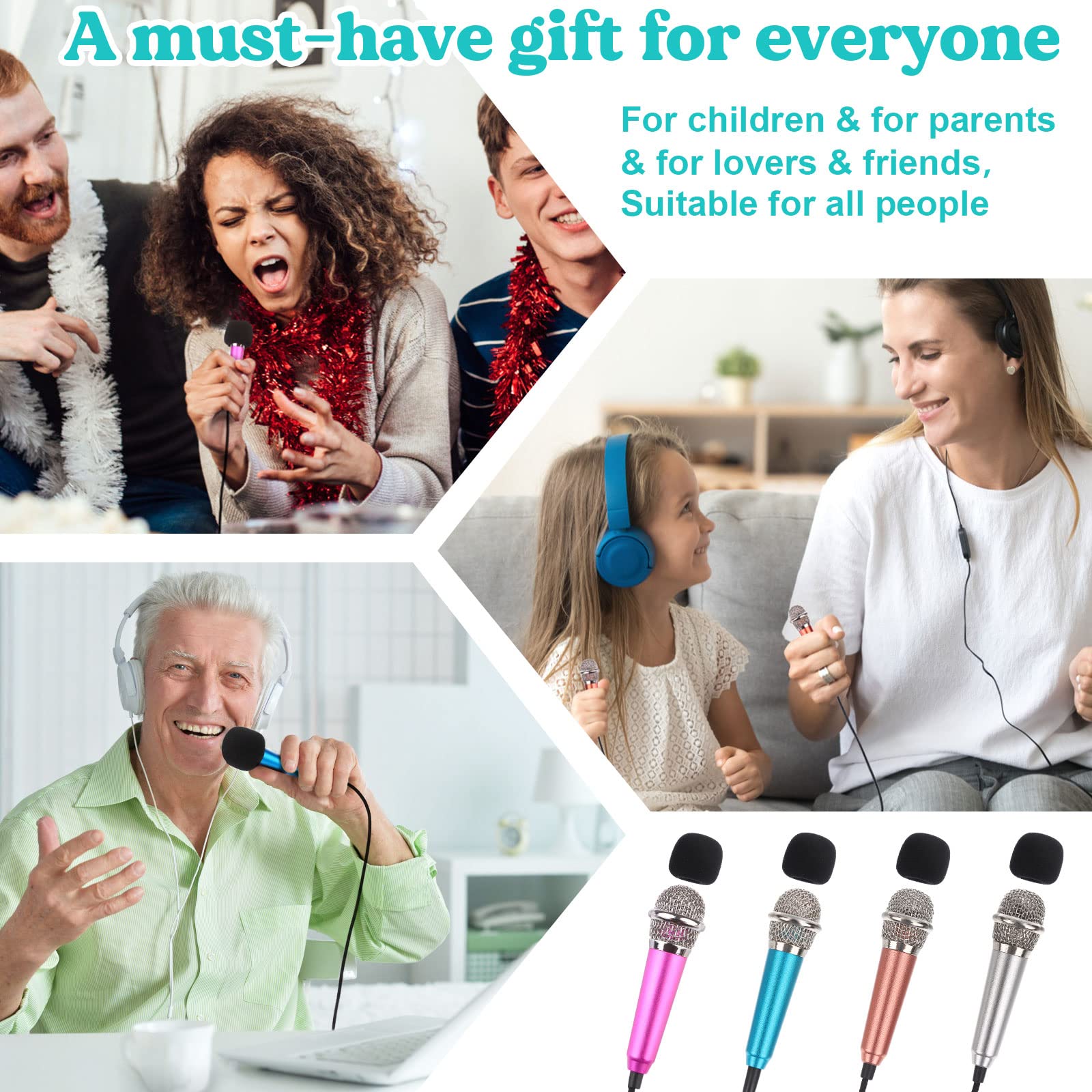 4-Piece Mini Microphone Tiny Microphone Mini Mic for Recording Voice and Singing on iPhone, Android Phones or Tablet, Metal, with 113 cm Cord, 3.5 mm Input (Rose Gold, Rose red, Silver, Blue)