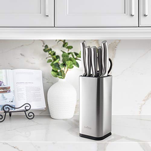 Laxinis World Universal Knife Block, Stainless-Steel Modern Rectangular Design with Scissors-Slot, Knife Holder Counter-top Storage, Holds 12 8”-Blade Knives, 9.1” by 4”(knives not included)