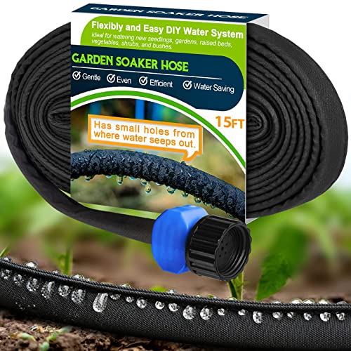 LAVEVE Soaker Hoses for Garden 15 FT, Heavy Duty Drip Irrigation Hose Save 80% Water, Leakproof Double Layer Sprinkler Hose 15 Foot Black Water Hose for Watering System Garden Beds Vegetable