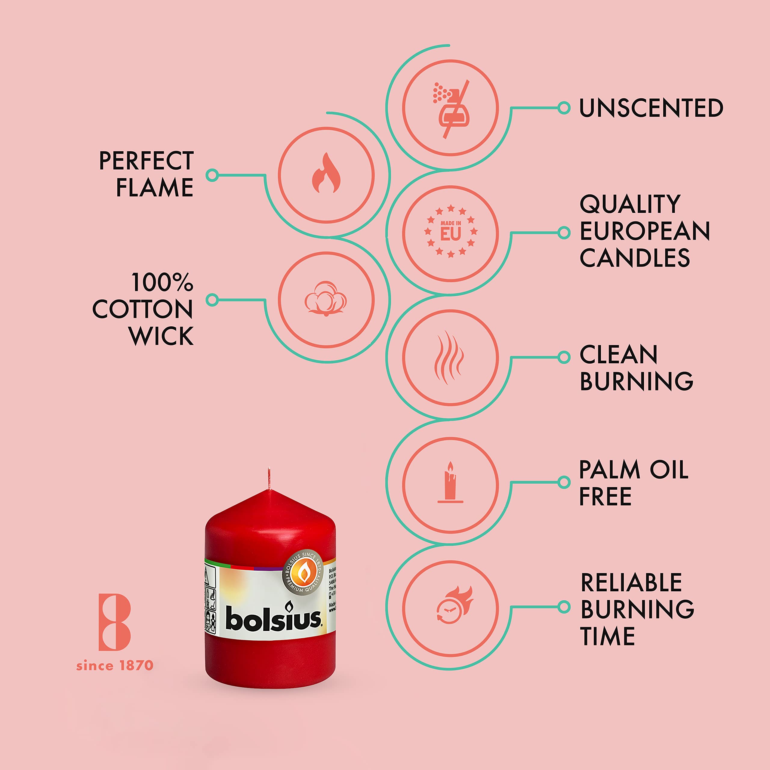 BOLSIUS 10 Red Pillar Candles - 2.25 x 6 Inches - Premium European Quality - Individually Wrapped - 42 Hours Burn Time - Dripless Smokeless Unscented Dinner, Wedding, Party, & Restaurant Candles
