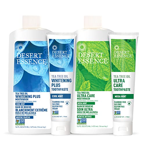 Desert Essence Natural Whitening Plus Tea Tree Oil Bundle - 1 Unit of 6.25 Oz Toothpaste & 16 Fl Oz Mouthwash - Refreshing Taste - Promotes Healthy Mouth - Complete Oral Care
