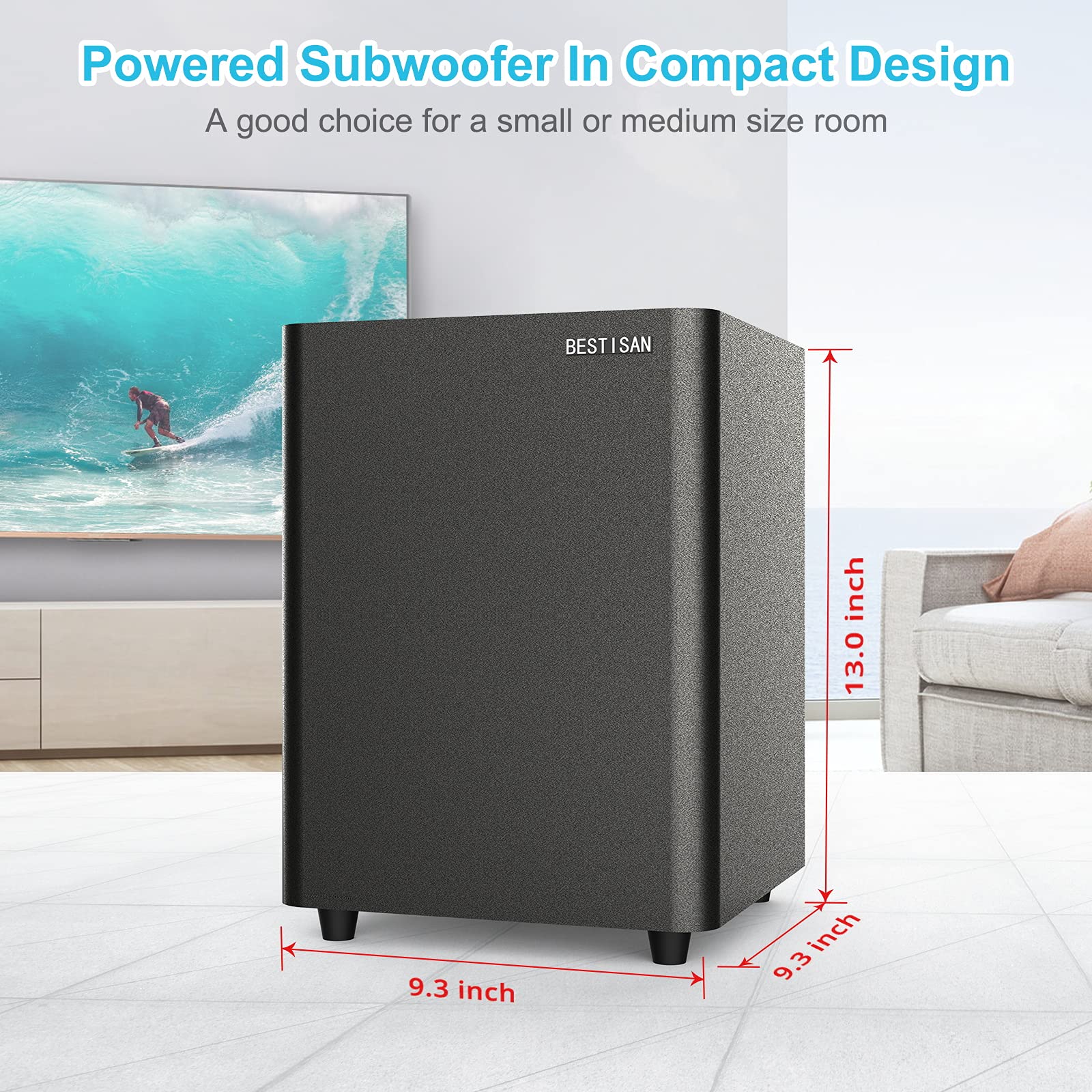 BESTISAN Powered Subwoofer, Deep Bass Subwoofer, Down Firing Sub in Compact Size, Easy Setup with Home Theater System, TV, Receiver, Speakers Coaxial Cable Included, Black