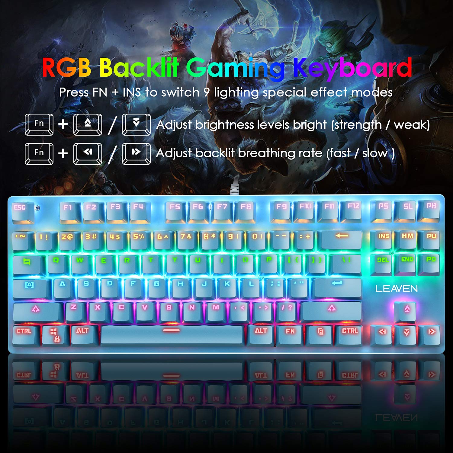 4-in-1 Gaming Keyboard Mouse Combo,87 Keys Rainbow Backlit Mechanical Keyboard,RGB Backlit 6400 DPI Lightweight Gaming Mouse with Honeycomb Shell,3.5mm Gaming Stereo Headset for PC Laptop Computer