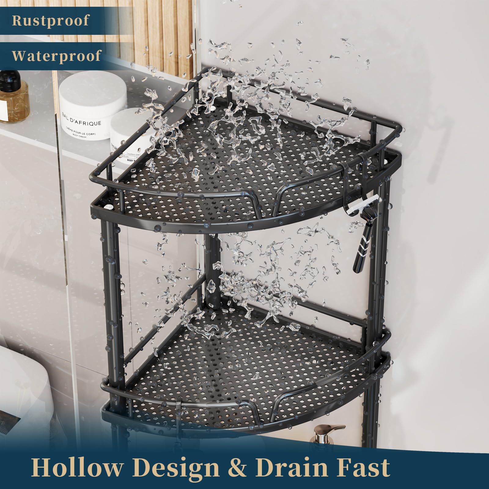 Consumest Corner Shower Caddy Stand - 3 Tier Shower Organizer with Soap Holder, Standing Tall Floor Shower Stand with Adjustable Feet & 4 Hooks, Shower Shelf Rack Storage for Bathroom Black
