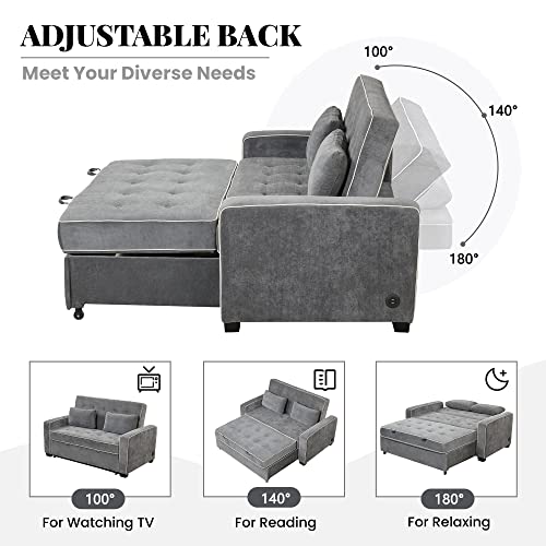 ERYE 3-in-1 Oversized Upholstered Daybed Futon Loveseat W/Pull-Out Sleeper Bed and USB Ports,2-Seaters Sofa & Couch Soft Cushions Love Seat Convertible Full Size Sleep Sofabed for Living Room, Gray