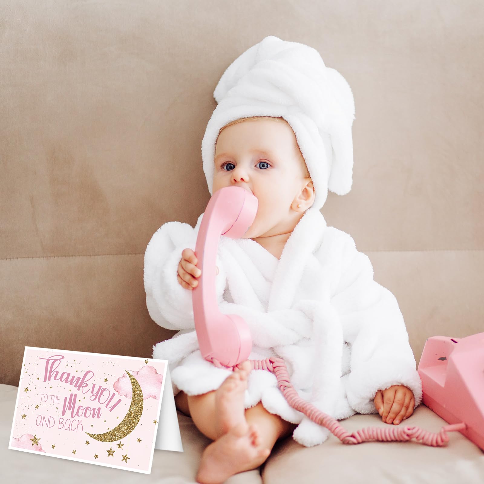 Whaline 36 Pack Pink Baby Shower Thank You Cards with Envelopes Matching Seal Stickers Glitter Starry Twinkle Moon Blank Note Cards for Birthday Supplies