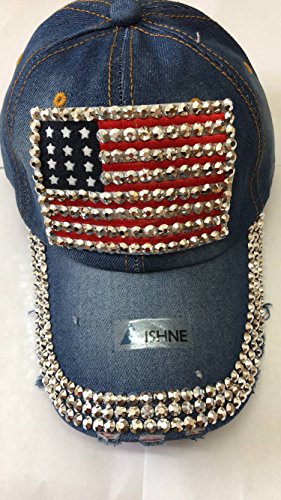 AISHNE Women American Flag Rhinestone Jeans Denim Baseball Adjustable Hat Blue