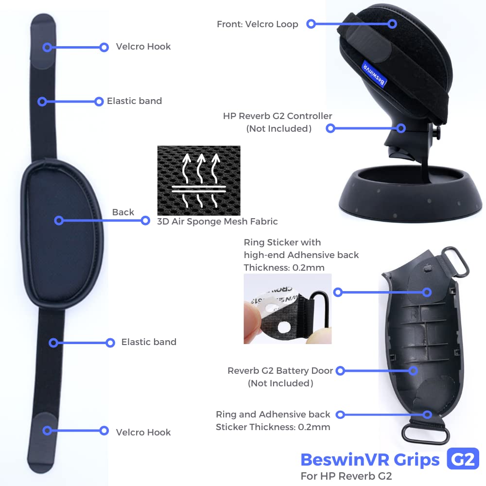 BeswinVR G2- Controller Grips and Knuckle Strap for Oculus Quest, Rift S (Black, 1 Pair)