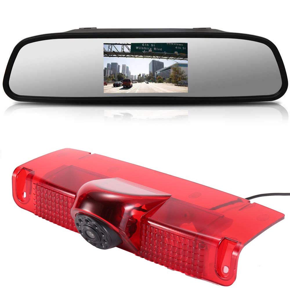 4.3 '' Rearview Mirror + Third Roof Top Mount Brake Lamp Reverse Rear View Backup Camera Angle and Distance Adjustable IR Night Vision for Chevrolet Express GMC Chevy Savana Exporer Vans Cargo