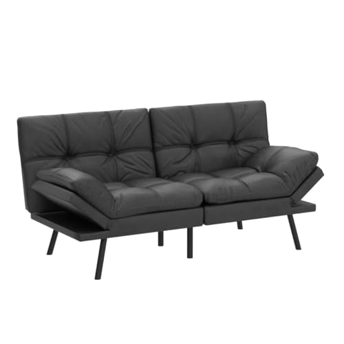 Vyfipt Futon Bed/Couch,Black Faux Leather Memory Foam Small Splitback Convert Backrests&Armrests,Easy to Clean Sofas, 71x33x31.5IN