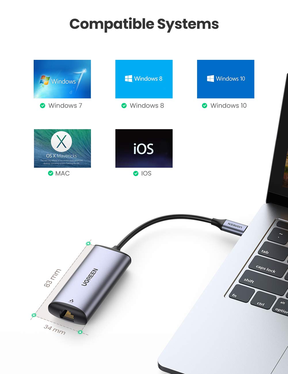 UGREEN USB C Ethernet Adapter 2.5G Gigabit Network Adapter Thunderbolt 3 RJ45 LAN Converter for iMac 2021 M1, MacBook Pro/Air, iPad Pro M1, iPad Air 4, Surface Pro 7, Dell XP15 13, Windows, MacOS, iOS