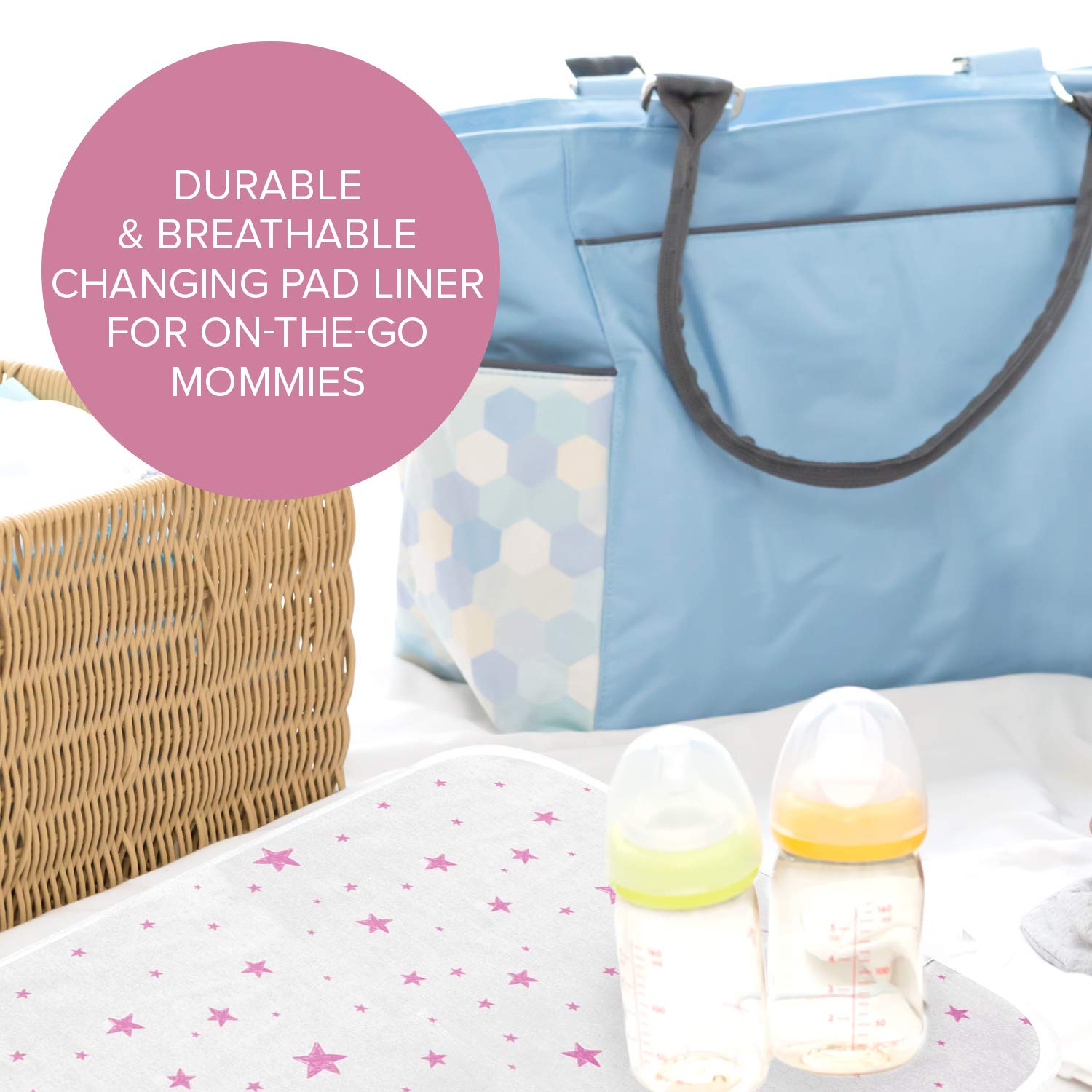 Kushies Deluxe Waterproof Changing Pad Liners - 20 x 30 inches Baby Changing Table Pad Covers - Baby Changing Pads in Pink Stars - Diaper Changing Pad Cover Waterproof for Changing Station