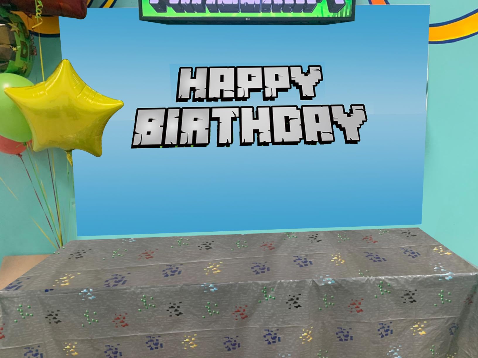 7x5ft Polyester Pixel Happy Birthday Backdrop Game Party Supplies Mining Dirt Block Banner for Kids Boys Room Decor Photograph Props…