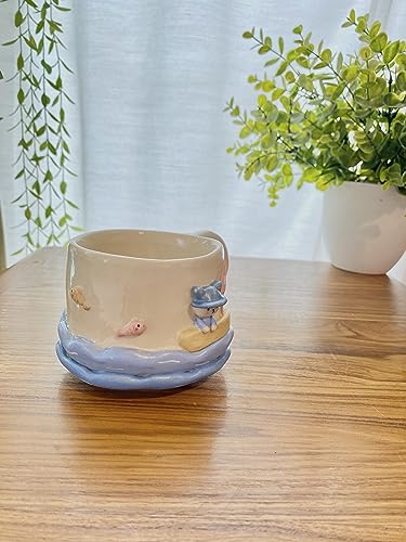 Adorable Journey cat. Cute Handmade ceramic cup, Hand-painted mug, Unique Surprise gift for Christmas or Birthday. Dishwasher and Microwave safe