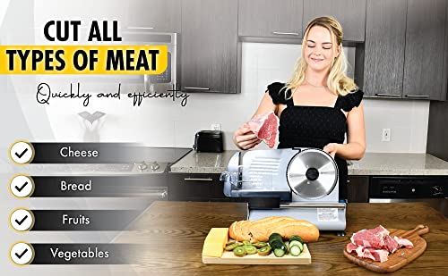 Ecomerr Electric Meat Slicer for Home Use - Automatic Deli Slicer Machine for Cheese, Bread, Vegetables - Round Stainless-Steel Blade, Adjustable Cutting Thickness - Kitchen Food Preparation Equipment