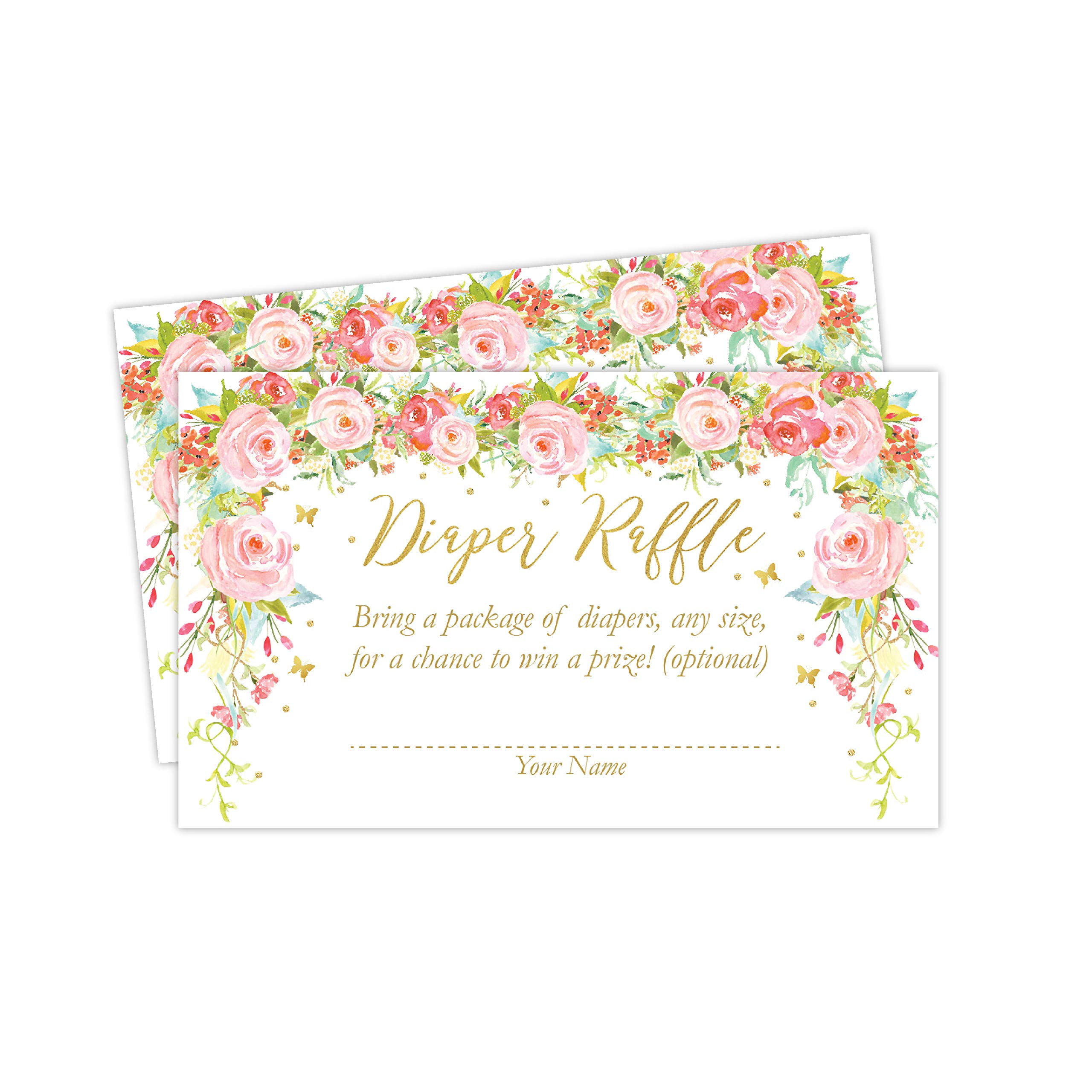 Your Main Event Prints Watercolor Floral Girl Baby Shower Diaper Raffle Card, Baby Girl Diaper Raffle Ticket, 50 Count
