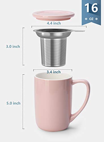 Sweese 16 OZ Porcelain Tea Mug with Infuser and Lid, Loose Leaf Tea Cup, Gifts for Tea Lover, Pink - 203.108