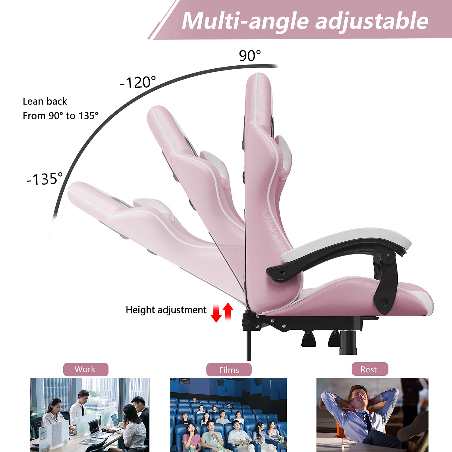 Computer Gaming Chair for Girl Teens, Seat Height Adjustable and Lumbar & Head Support Pink and White