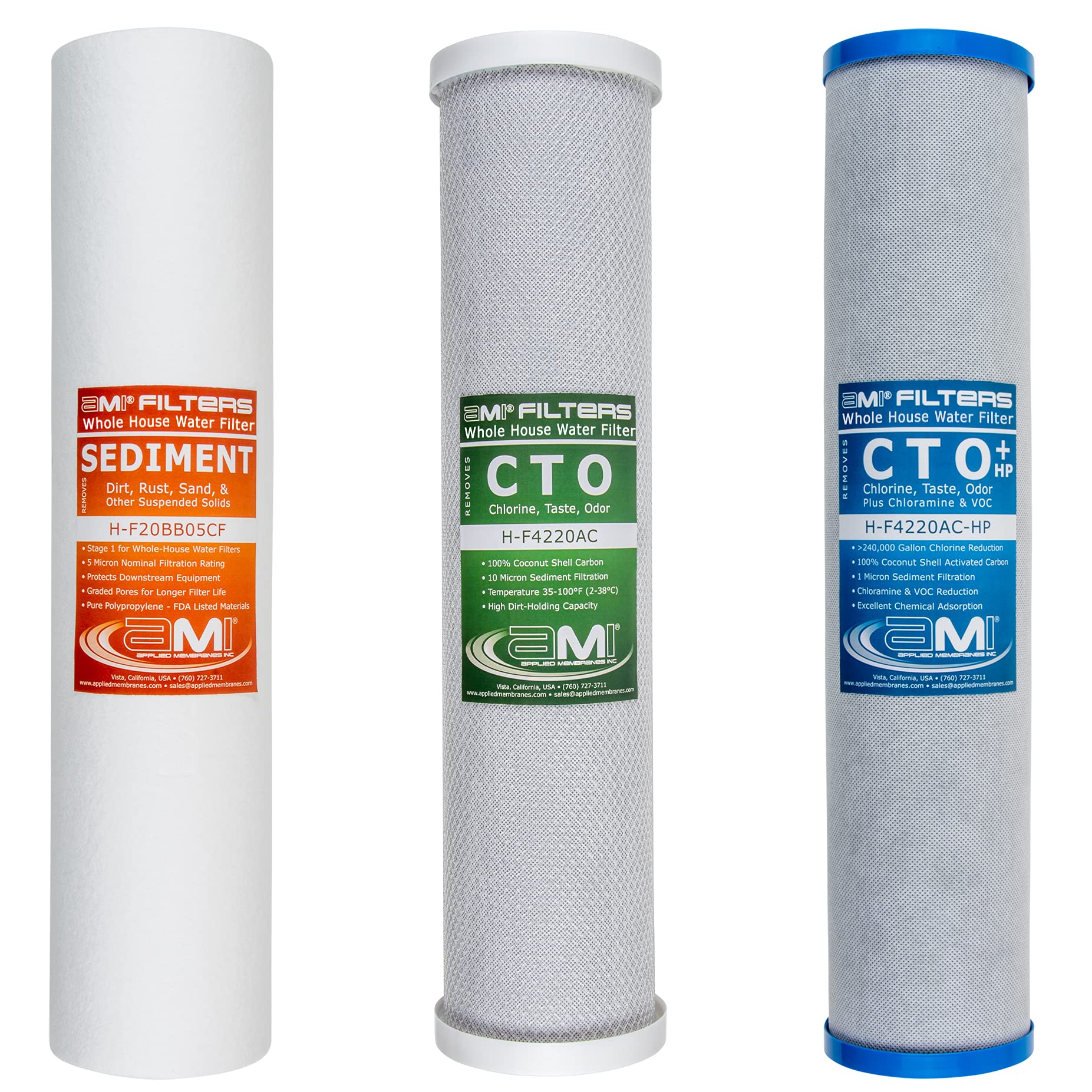 Applied Membranes Inc. 3-Stage Whole-House Water Filter Cartridge Replacements, 20-Inch Carbon and Sediment Filter Cartridges