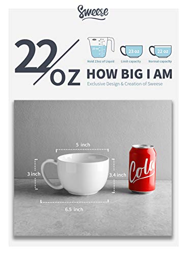 Sweese Porcelain 22oz Large Coffee Mugs Set of 4 - Soup Mug with Handles - Perfect for Hot Chocolate - Microwave Safe - White