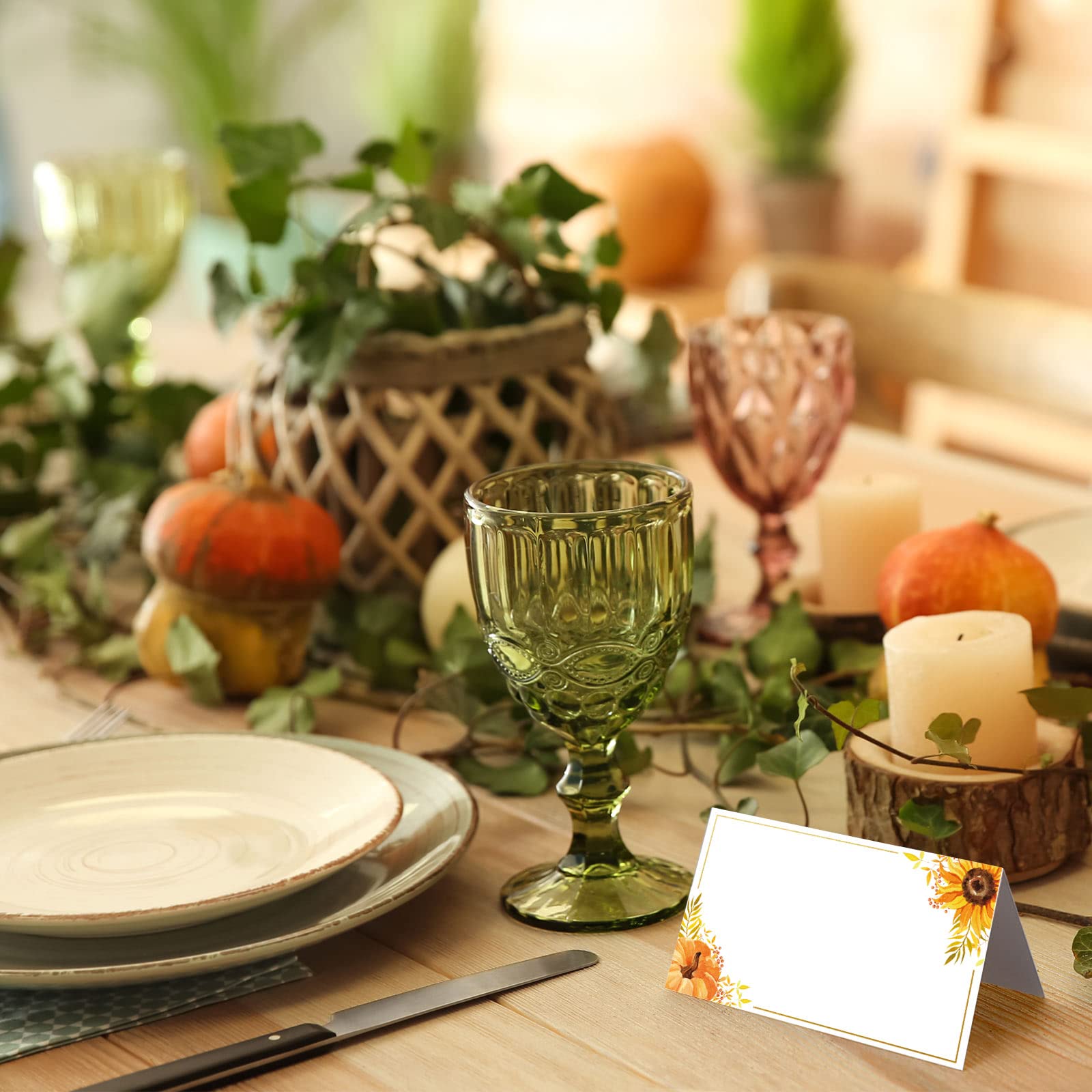 Whaline Thanksgiving Place Cards 50Pcs Autumn Fall Table Tent Place Cards Foil Gold Sunflower Pumpkin Seating Name Escort Card Folded Seat Assignment Setting Label for Wedding Baby Shower Party