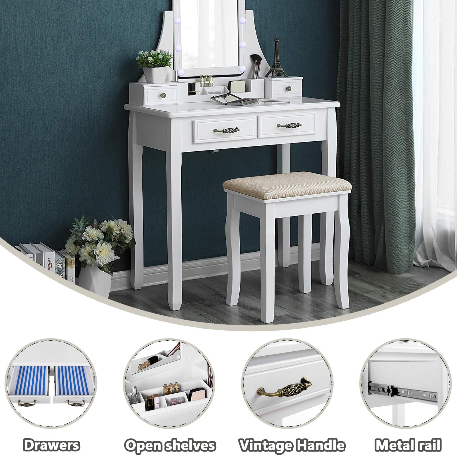 ISHARINGTIME Small Makeup Vanity Desk with Mirror and Lights, 360° Rotation Vanity Table with 4 Drawers & Chair & Shelves, Bedroom, White