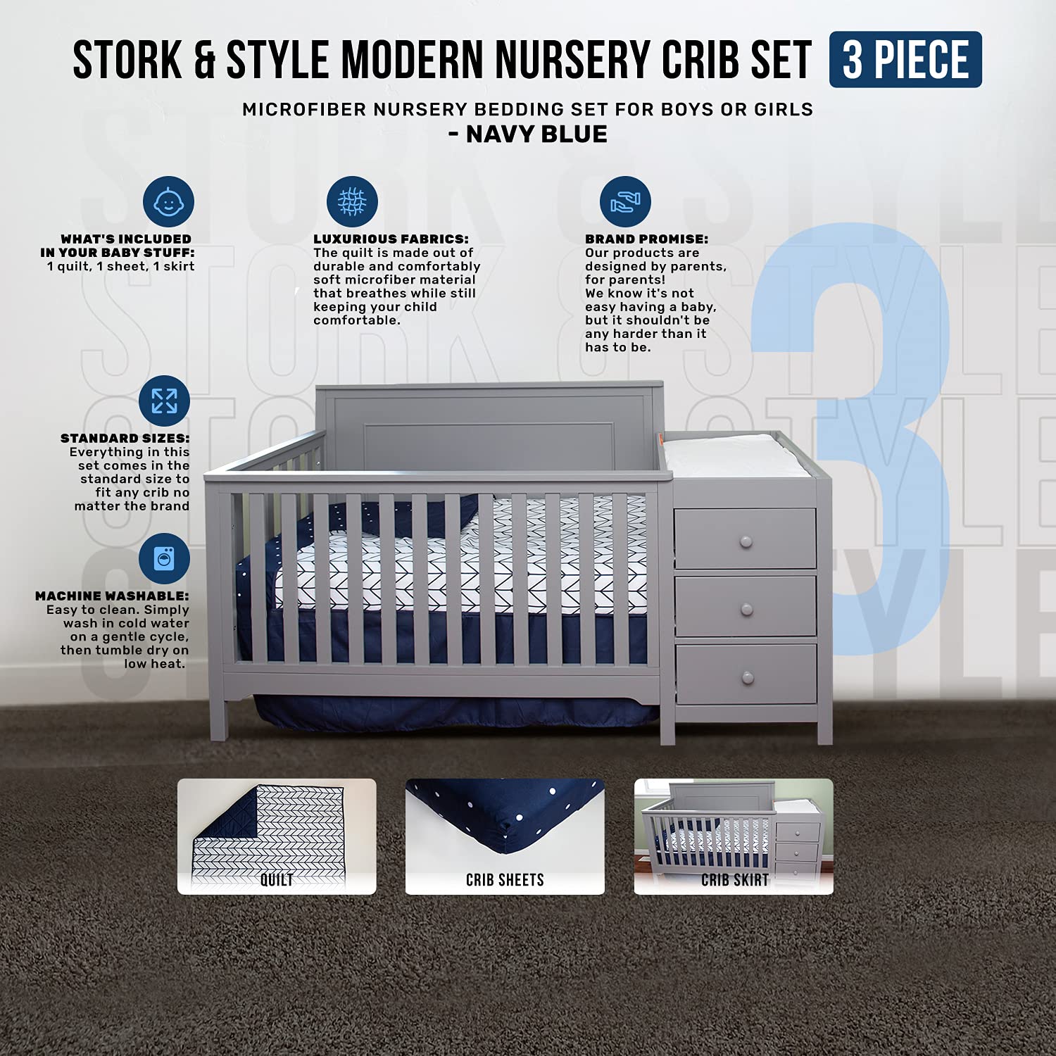 STORK & STYLE Modern Nursery Crib Set - 3 Piece - Microfiber Nursery Bedding Set for Baby Boys or Baby Girls - Navy Blue