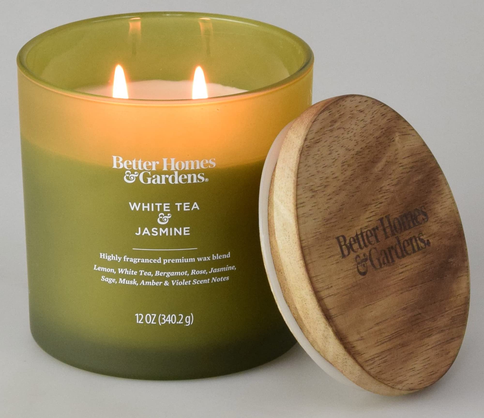 BetterHomes&Gardens Better Homes and Gardens 12oz Scented Candle, White Tea and Jasmine 2-Pack, Olive Green, 12oz (329g) x 2 [excluding glass jar weight] (44220)