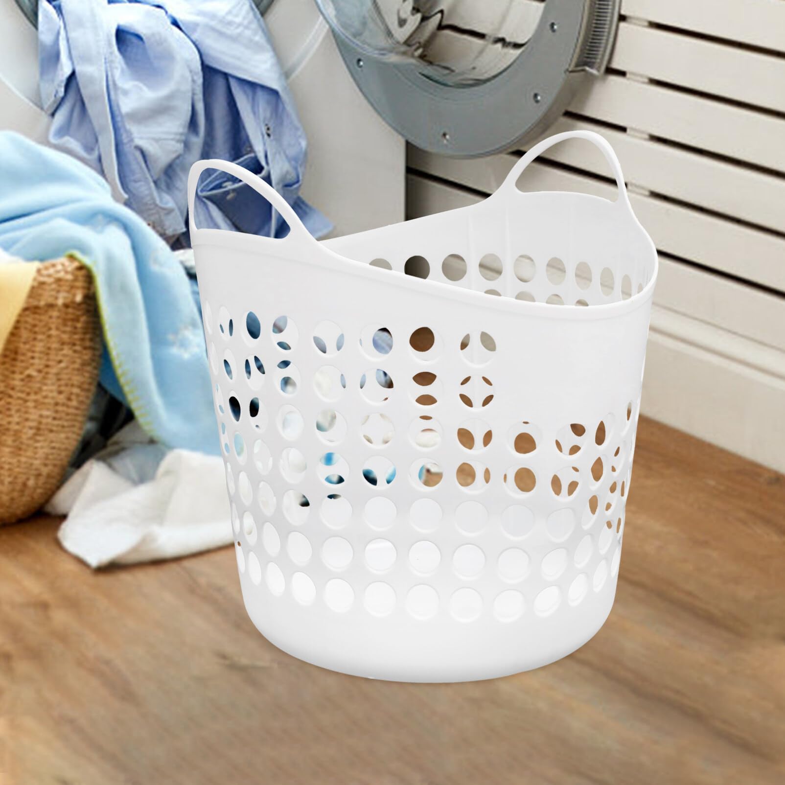 Amosfun Flexible Laundry Basket, Hollow Laundry Baskets With Handle Wide Mouth Hamper Plastic Dirty Clothes Storage Basket Toy Bin for Clothes Bedroom Storage, White 30L