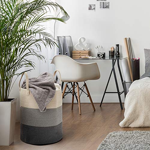 EZOWare Large Cotton Rope Storage Basket, Soft Woven Laundry Hamper with Handles for Bathroom Nursery Closet - Gradient Gray, 15 x 18 inch