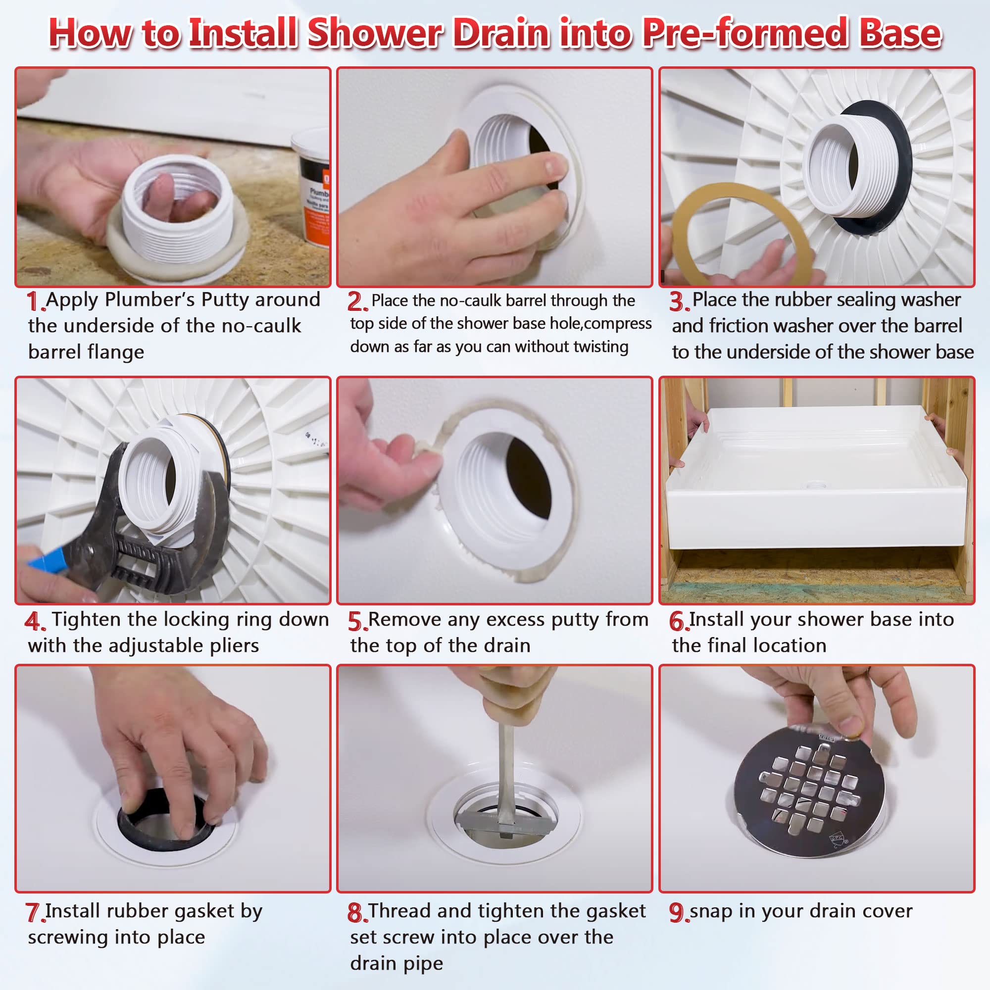 4-1/4" OD Shower Drain Assembly, Snap in Shower Base Drain and Matte Black Round Grid Strainer Cover, Fits 2 in. Schedule 40 ABS and PVC Pipes, Stainless Steel Cap, ABS Drain Base