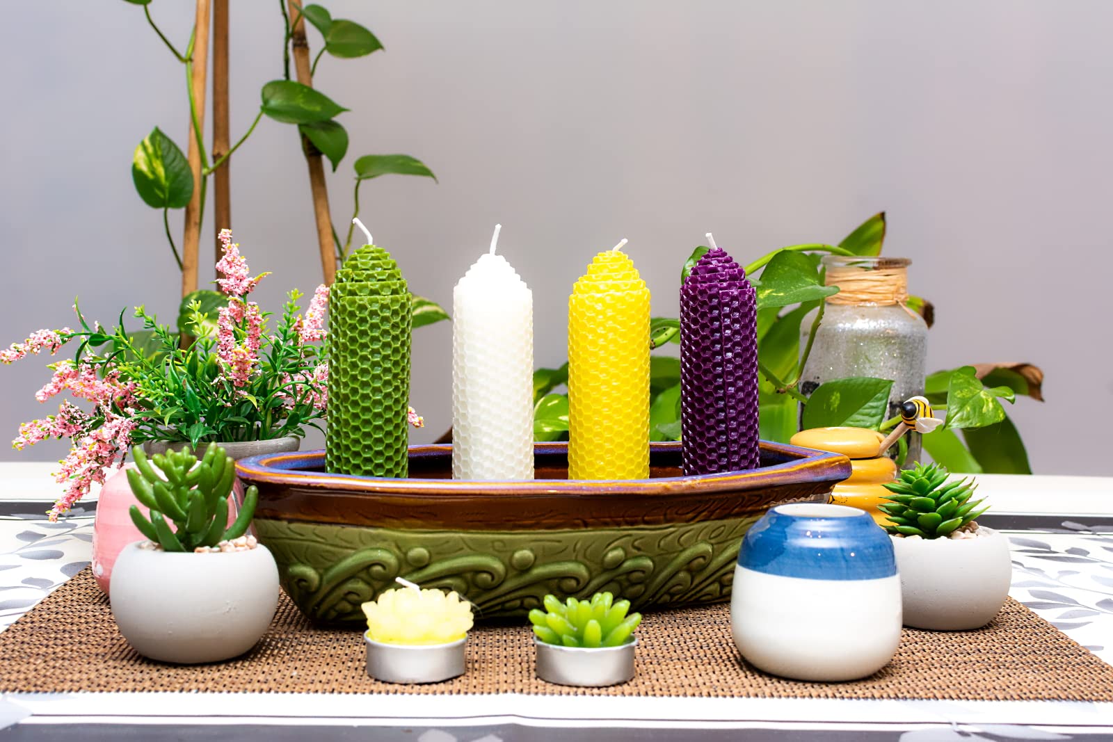 Phyther 100% Natural Beeswax Pillar Candles (6 x 1.25-1.5 inches). Unscented, Honeycomb Pattern Candlestick for Table Centerpiece Décor. Green (2 pcs)
