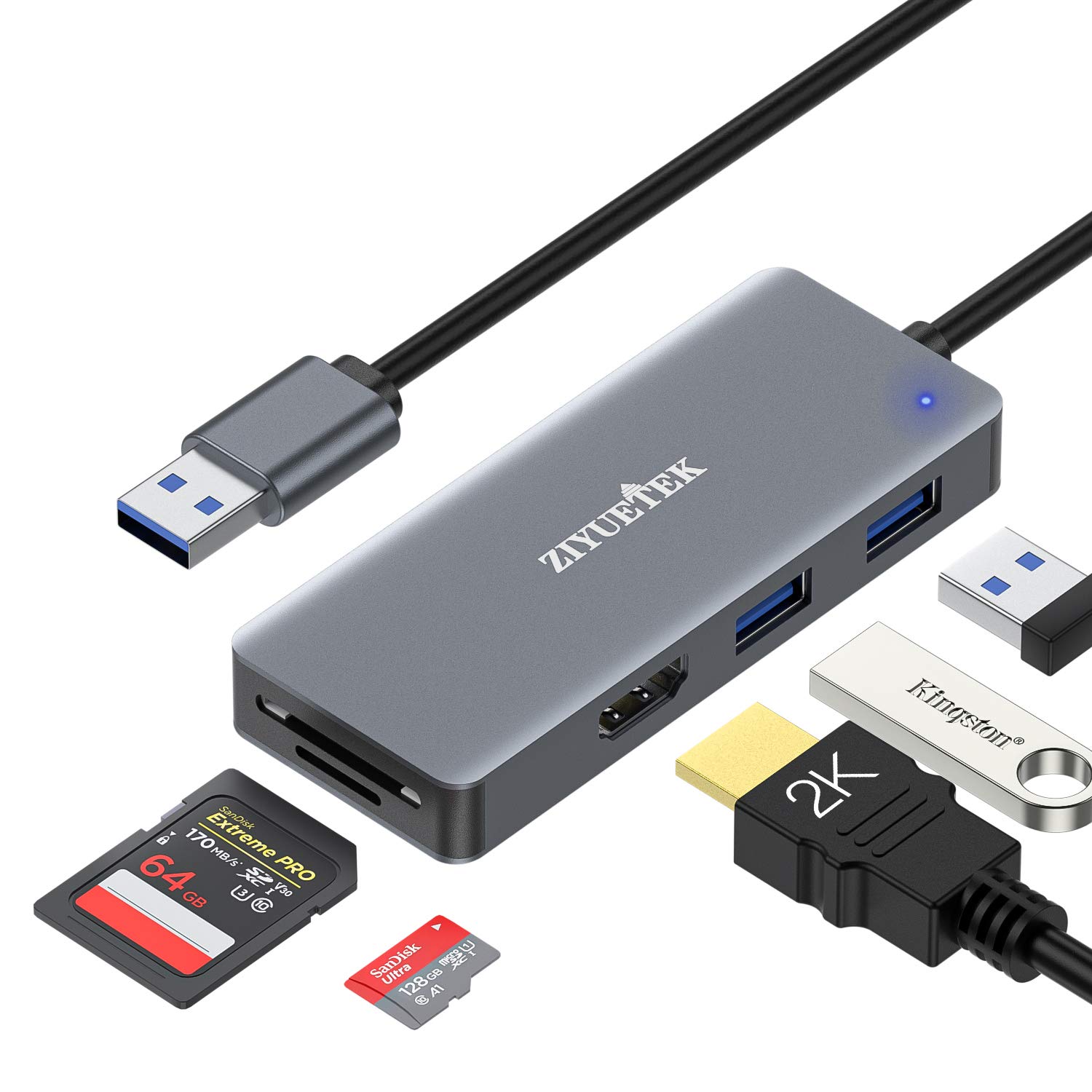 USB to HDMI Adapter, 5-in-1 USB hub 3.0 with HDMI 1080p for Extended Monitor PC Laptop Desktop, 2 USB Ports, SD and Micro SD Card Reader Support Windows, MACOS