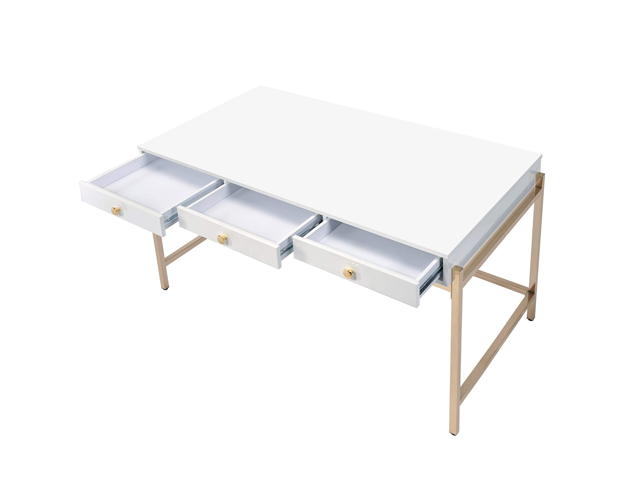 Acme Ottey Wooden Top Writing Desk with 3 Drawers in White High Gloss and Gold
