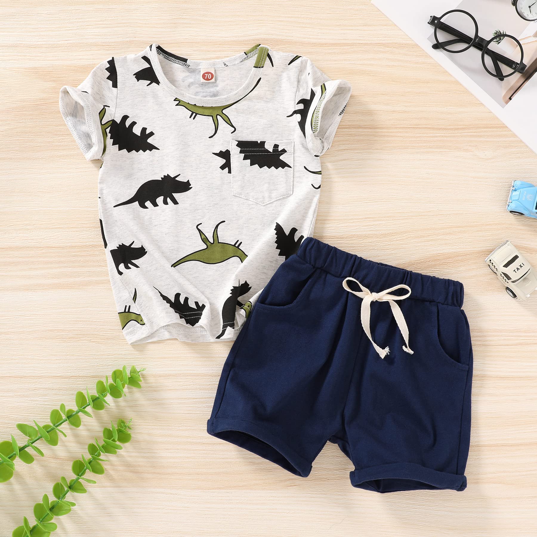 YOUNGER TREE Toddler Baby Boy Summer Clothes Dinosaur T-Shirt and Shorts Boy Outfits 12 Months to 4T(Blue,18-24 Months