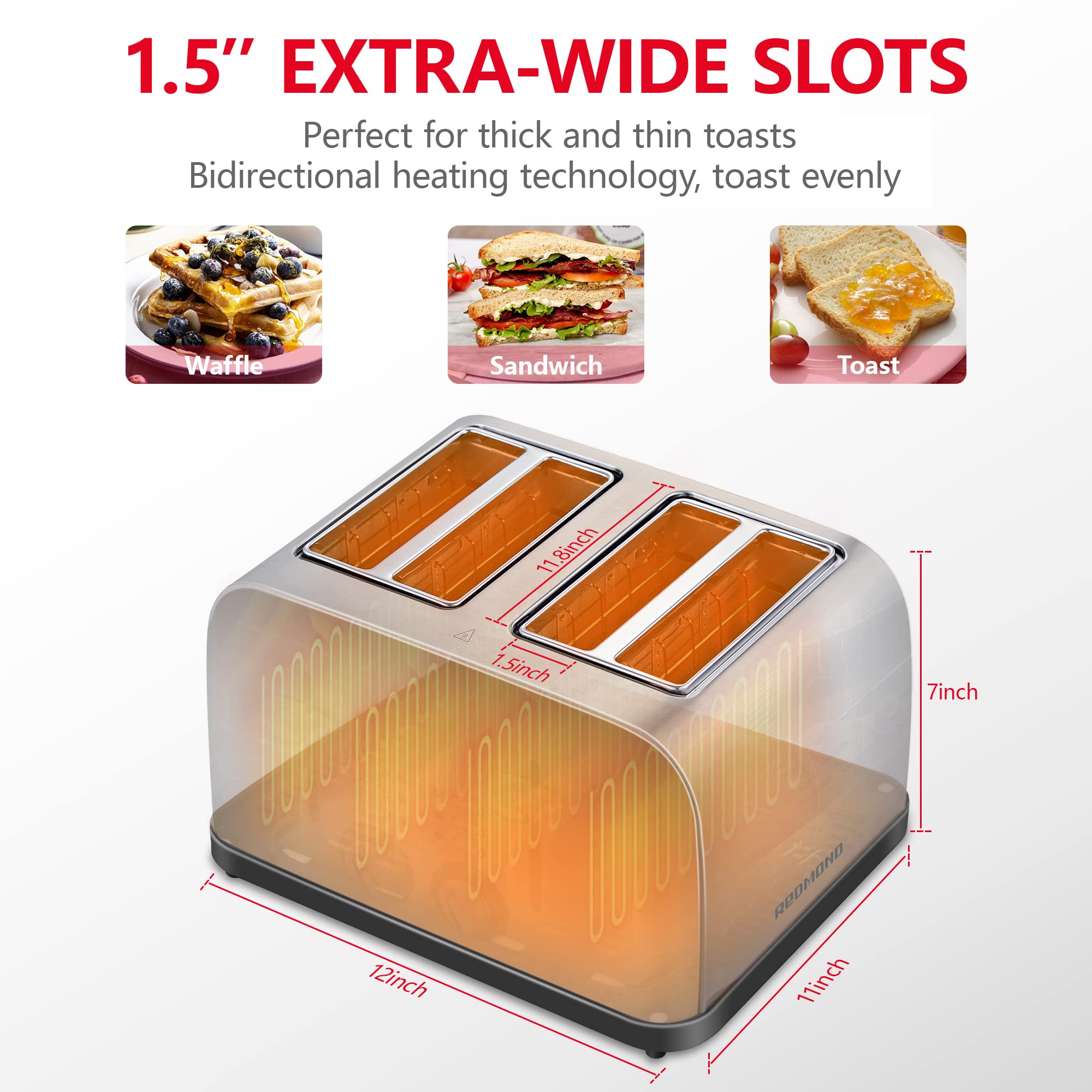 4 Slice Toaster, REDMOND Toaster 4 Stainless Steel Retro Bagel Toaster, 1.5β Extra Wide Slots, 6 Evenly Bread Shade Settings, 1500W, Silver