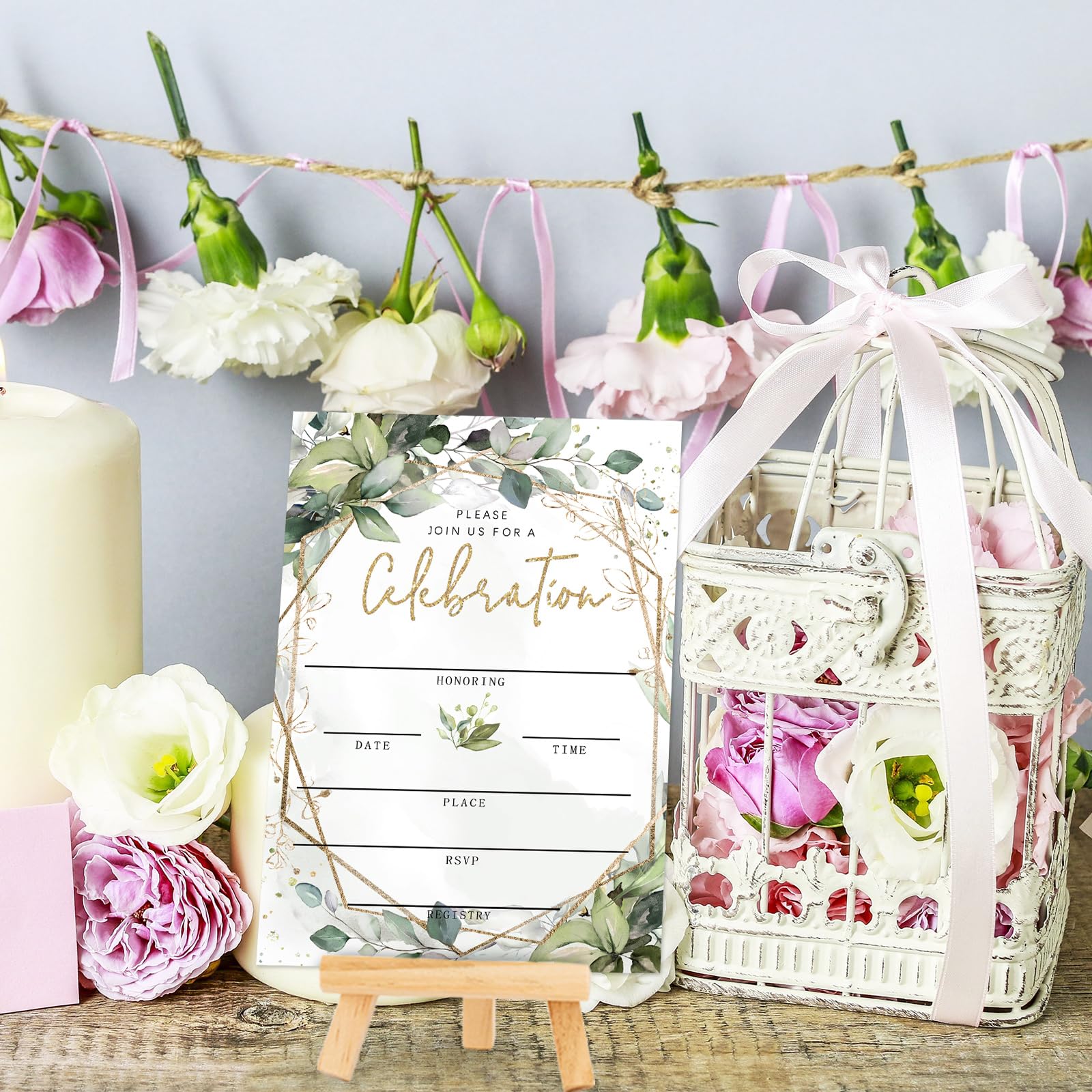 Whaline 25 Sets Greenery Invitations with Envelopes Stickers Watercolor Eucalyptus Leaves Invitation Cards Green Leaves Blank Invites for Wedding Bridal Baby Shower Birthday, 5 x 7 Inch