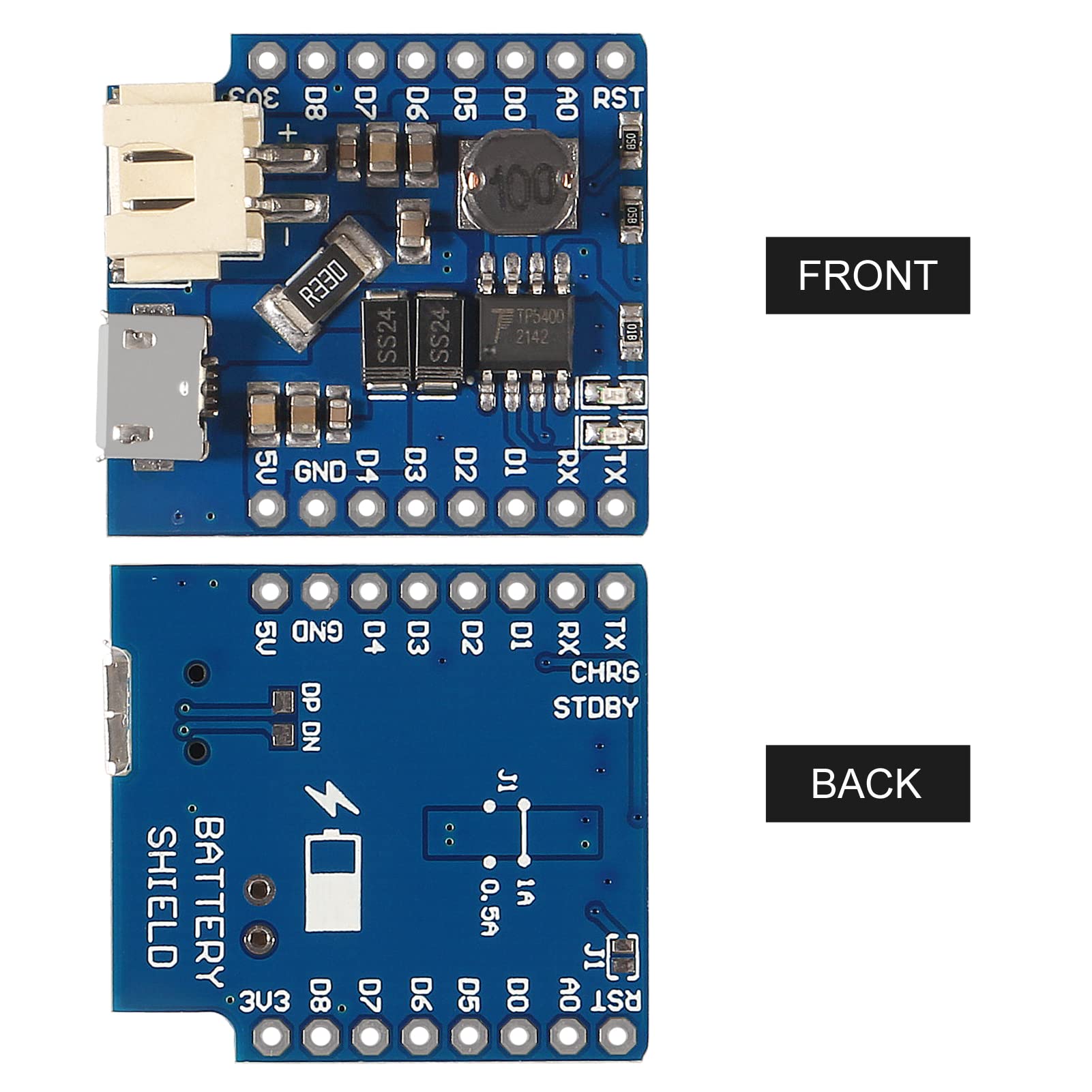 6pcs for Wemos D1 Mini Battery Shield Micro USB Single Lithium Battery Charging Boost Module with Pins LED Indicator 5V 1A DC for WeMos D1 Mini Single Lithium Battery Charging & Boost