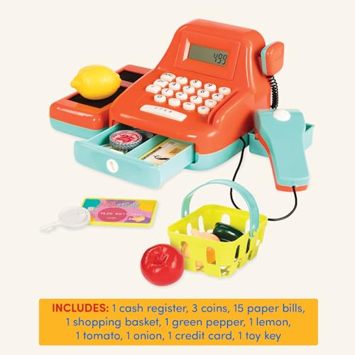 Battat - Interactive Kids Cash Register with Scanner & Sounds - 26-Piece Pretend Play Shopping Set with Light-Up Scanner, Play Money & Card - Educational Toy for Learning & Fun - Ages 3+