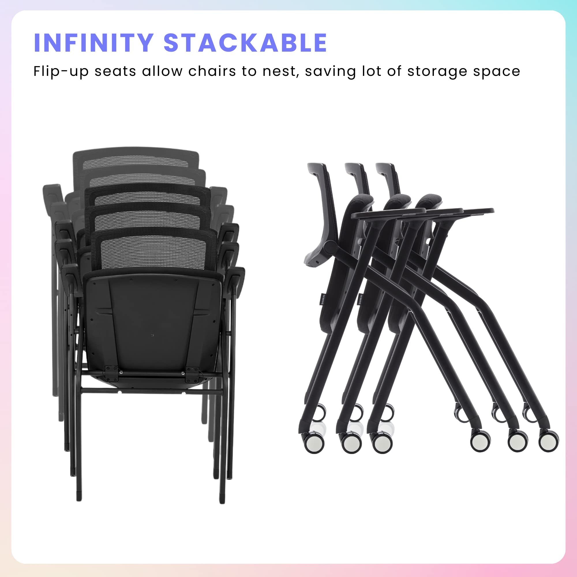 40 Chairs Stackable Conference Room Chairs with Wheels and Paddle - Ergonomic Mesh Back and Arms for Meeting, Conference, Reception, Training Room Chair & Office Desk Folding Chairs, Set of 40, Black