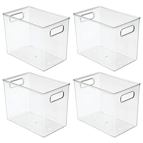 mDesign Plastic Deep Kitchen and Pantry Organizer Storage Bin with Handles for Cabinet, Fridge, Freezer - Food Storage Containers for Snacks, Yogurt Pouches or Fruit, Ligne Collection, 4 Pack, Clear